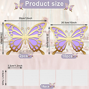 12 Pcs Large Butterfly Party Decoration Paper Butterfly Stickers in 2 Different Size 3D Butterfly Wall Mural Set Giant Butterfly for Birthday Baby Shower Nursery Bedroom Wedding(Gold and Purple)