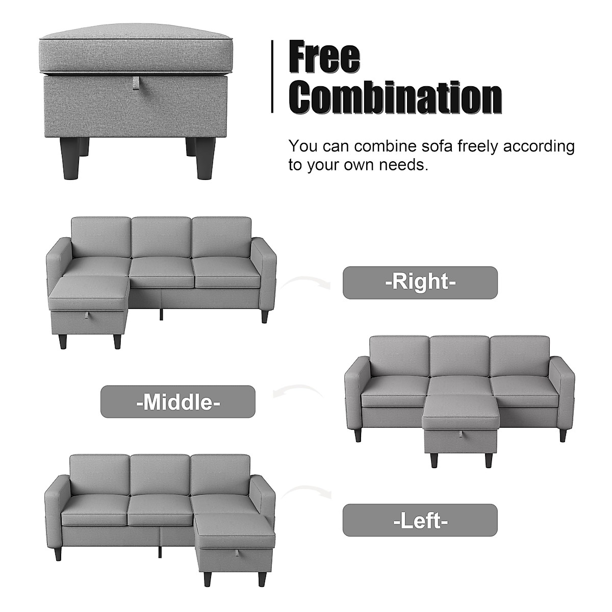 ZeeFu Convertible Sectional Sofa Couch: 78'' Light Gray 3 Seat L-Shaped Sofa Couches with Storage Ottoman - Modern Linen Fabric Upholstered Furniture Sofa for Living Room Office Small Space Apartment