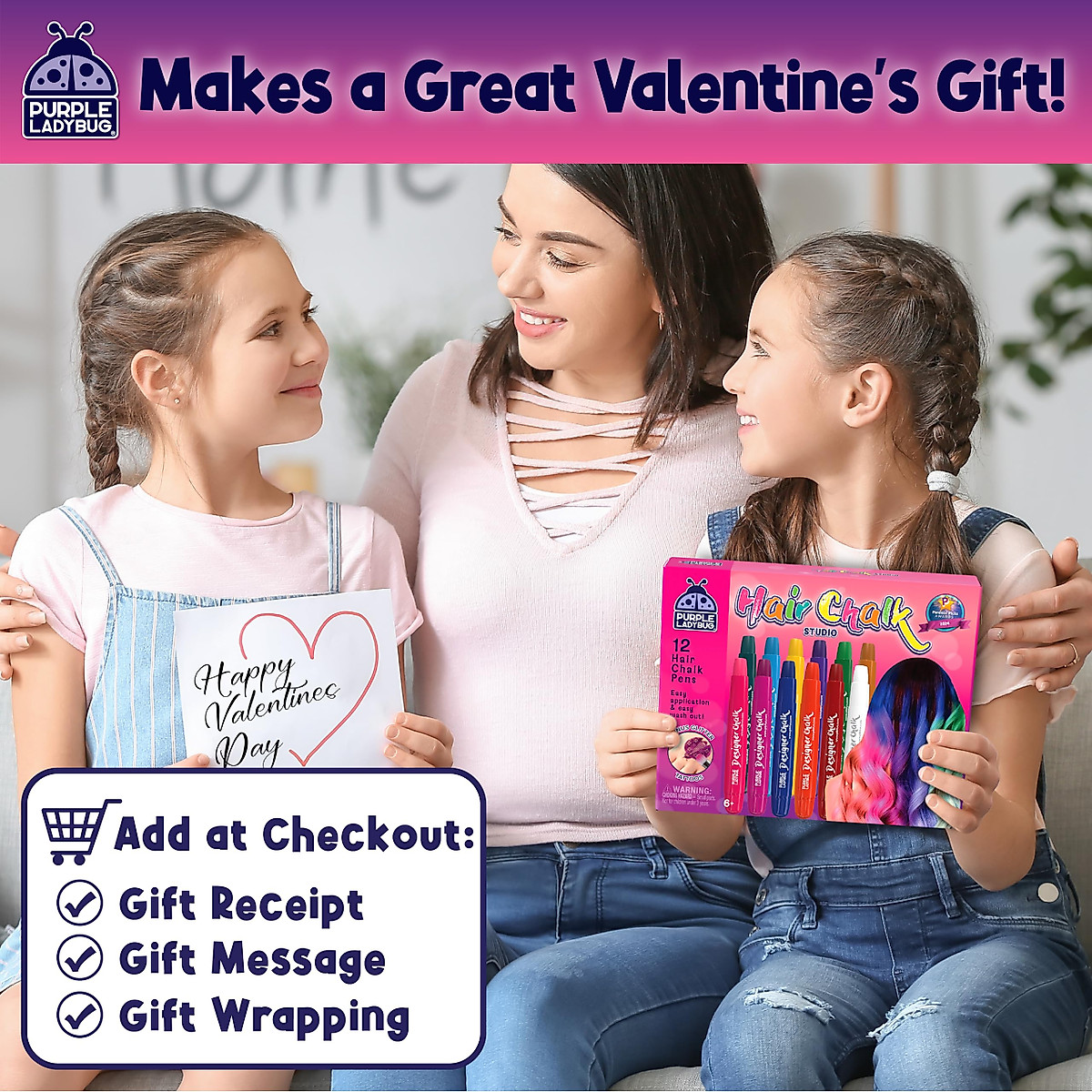 Purple Ladybug 12-Color Hair Chalk for Girls - Washable Temporary Hair Dye, Fun Gift for Kids 7-11, Great for Birthdays, Valentine's & Easter