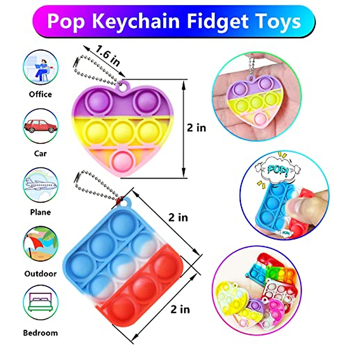 24 Pack Pop Heart Square Keychain It Heart Fidget Toy Kids Party Favors Classroom Prizes Its Push Pops Heart Keychains Bulk Mini Heart Pops Toys for Bos Girls Valentines Day Gifts for Kids Poppers