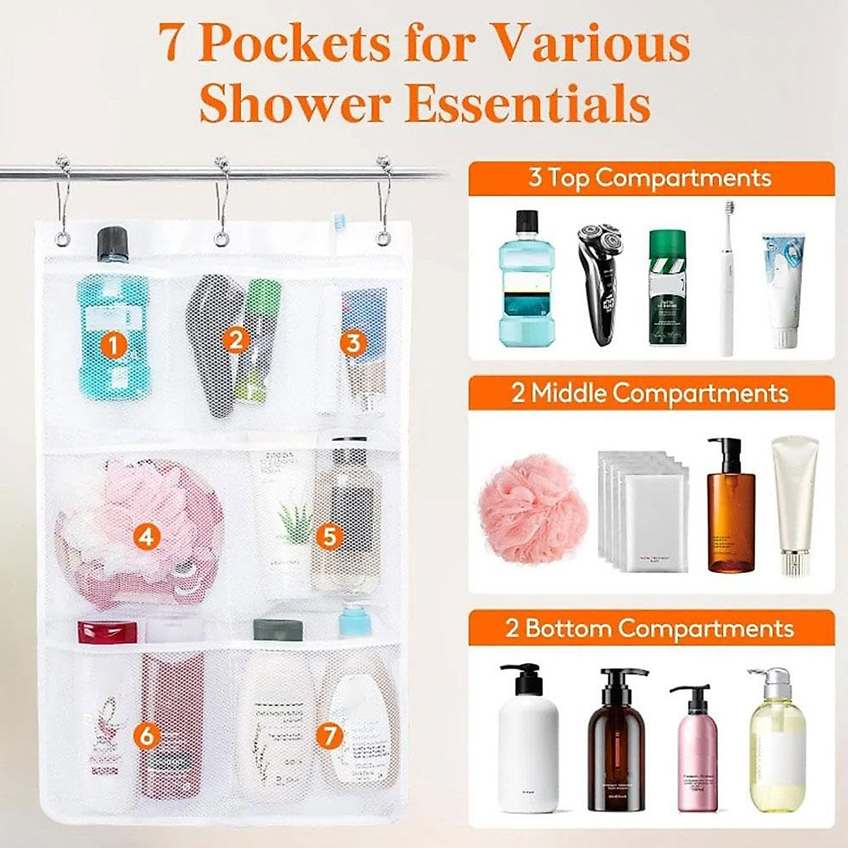 HFLWYWD Shower Organizer,7 Pockets Hanging Shower Organizer with Quick Drying Mesh,Portable Space Saving Shower Caddy Hanging,Bathroom Organizer to Hold Soap, Shampoo (1pcs)