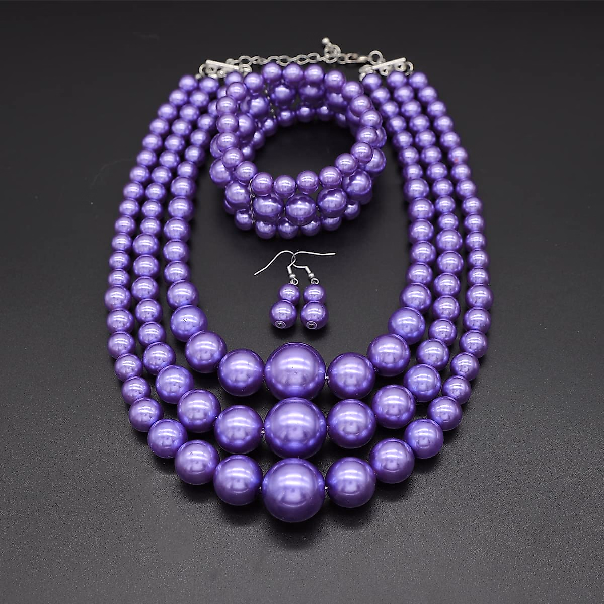 Big Pearl Necklace for Women Chunky Pearl Necklace and Earring Set Large Pearl Costume Necklace 1920s Pearl Necklace Faux Pearls Gatsby Accessories (Purple Pearl Necklace set)