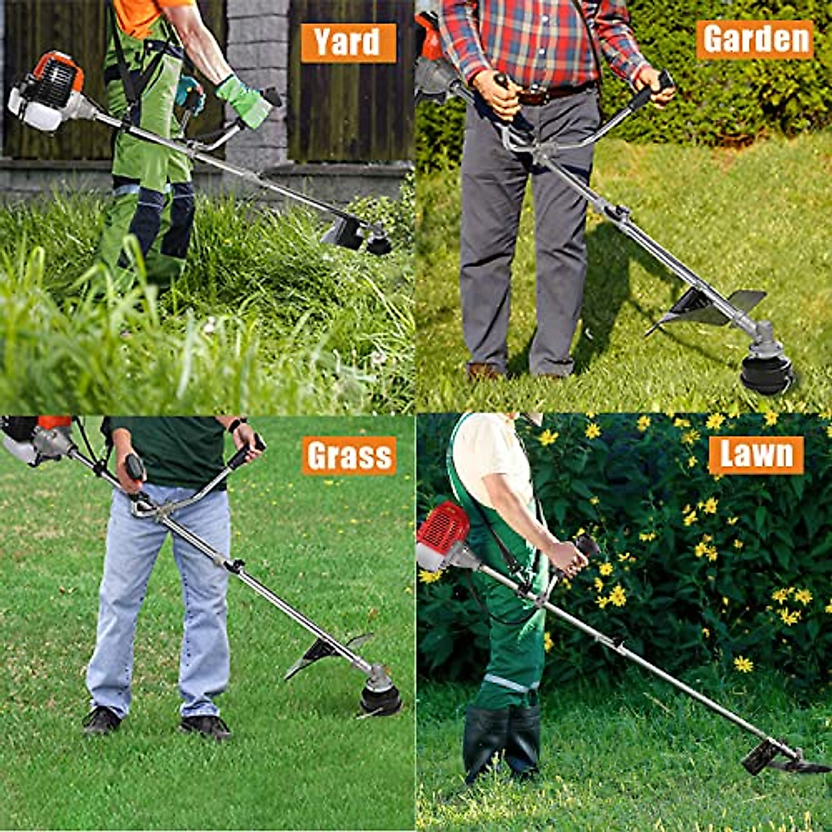 58CC Gas String Trimmer 2-Cycle Gas Brush Cutter Straight Shaft 4 in 1 Cordless Grass Edger Weed Wacker Gasoline Powered Weed Eater with 4 Detachable Heads for Lawn and Garden Care-Orange