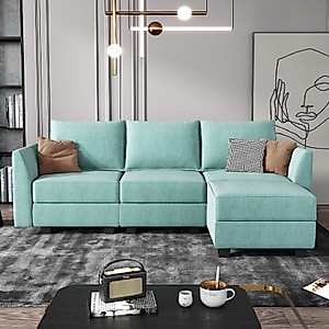 HONBAY Reversible Sectional Sofa Couch, Modern Apartment L-Shaped Couch Modular Sectional Sofa with Storage, Aqua Blue