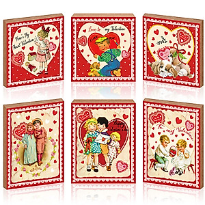 6 Pieces Vintage Valentine Decorations Retro Valentine's Day Wooden Sign Table Decor Farmhouse Valentines Tiered Tray Decor for Home Tabletop Shelf