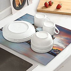 Historic Old Tower Bridge London Printed Drying Mat For Kitchen Ultra Absorbent Microfiber Dishes Drainer Mats Non-Slip Silicone Quick Dry Pad - 18 X 16inch