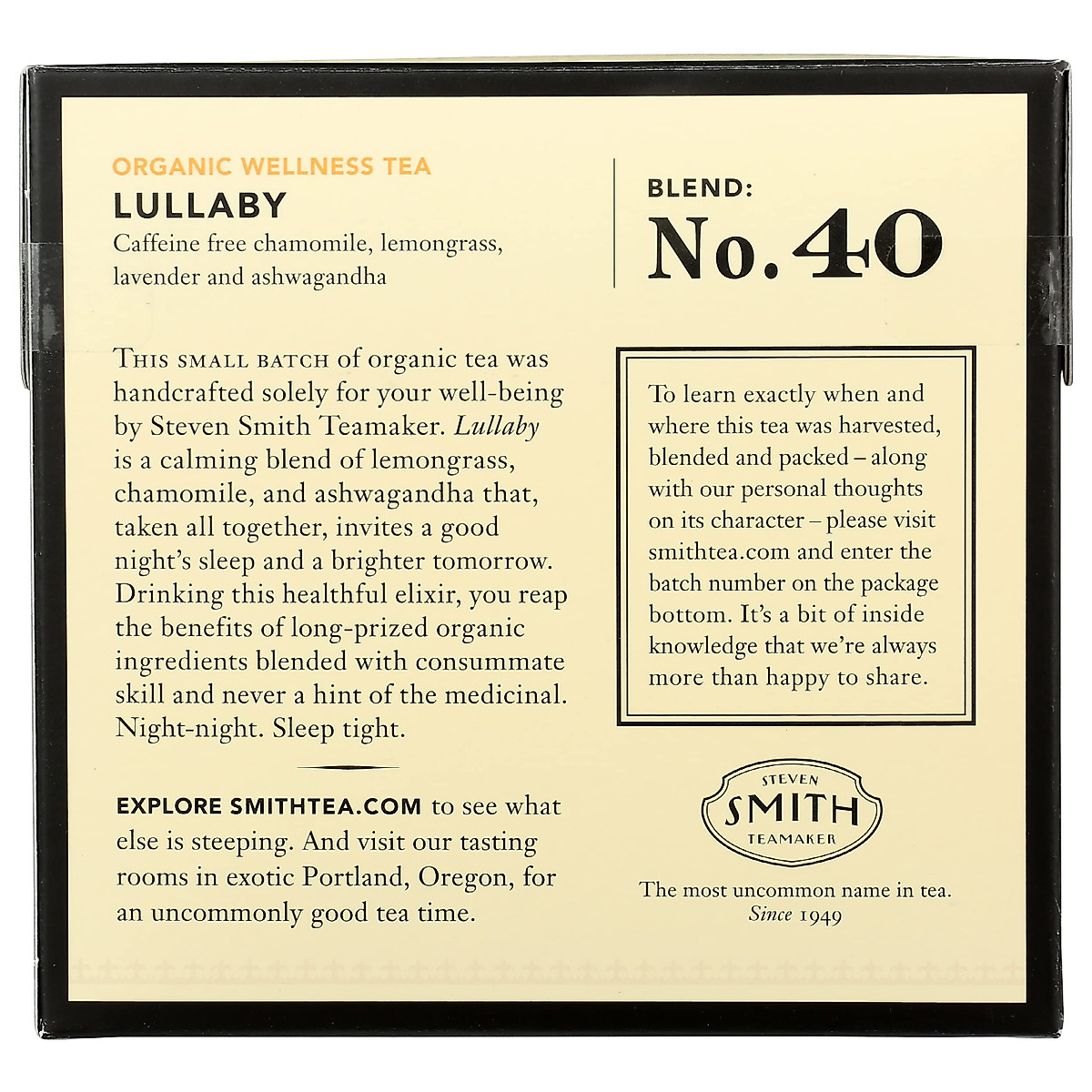 STEVEN SMITH TEAMAKER Smith Teamaker Organic Lullaby Blend No. 40 (Caffeine-free Organic Wellness Tea), 0.95 Oz Tea Bags, 15Count