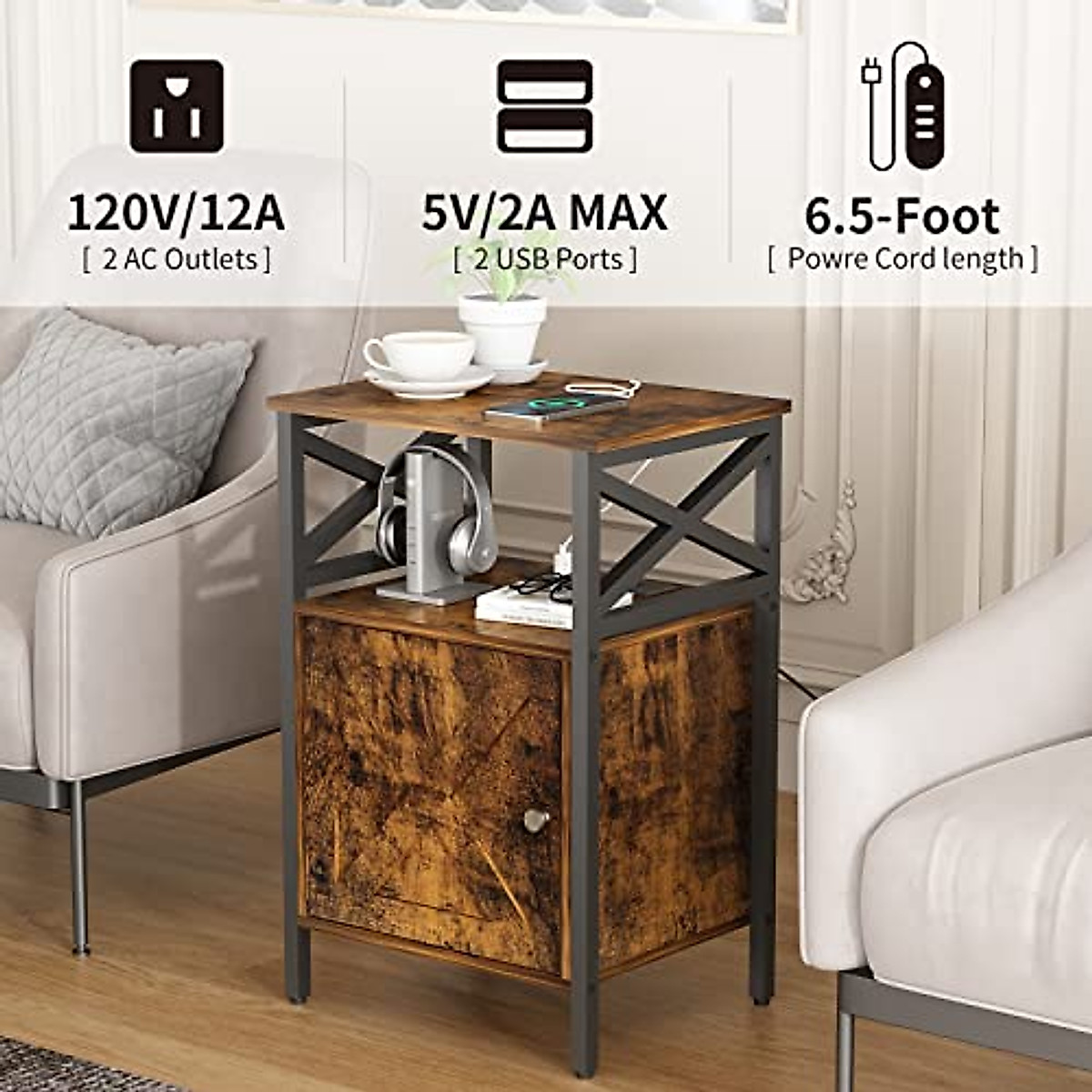 LDTTCUK Side Table with Charging Station, End Table with Power Outlet & USB Ports, Nightstand with 2 Tiers Storage Space and Storage Cabinet, Sofa Side Tables for Bedroom, Living Room,Office,Brown