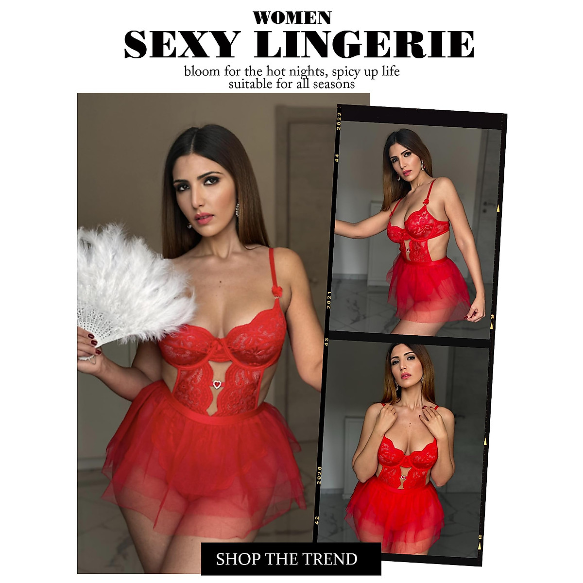 Avidlove Lingerie for Women Lace Bodysuit with Detachable Mesh Mini Skirt Push Up Teddy Lingerie Set Red