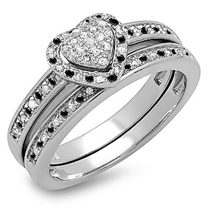 Dazzlingrock Collection 0.23 Carat (ctw) Sterling Silver Black & White Diamond Heart Shape Wedding Ring Set 1/4 CT, Size 8