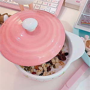 LELAKAYA Cute Strawberry Enameled Porcelain Bowl With Handle, Fruit Salad, Dessert, Rice, Cereal, Noodle, Breakfast Bowl WIth Lid, Household Tableware 6.18"X3.35"