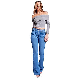 YMI Womens Hyper Denim Basic 5 PKT 1 BTN HR Flare Long Inseam, M08, XL