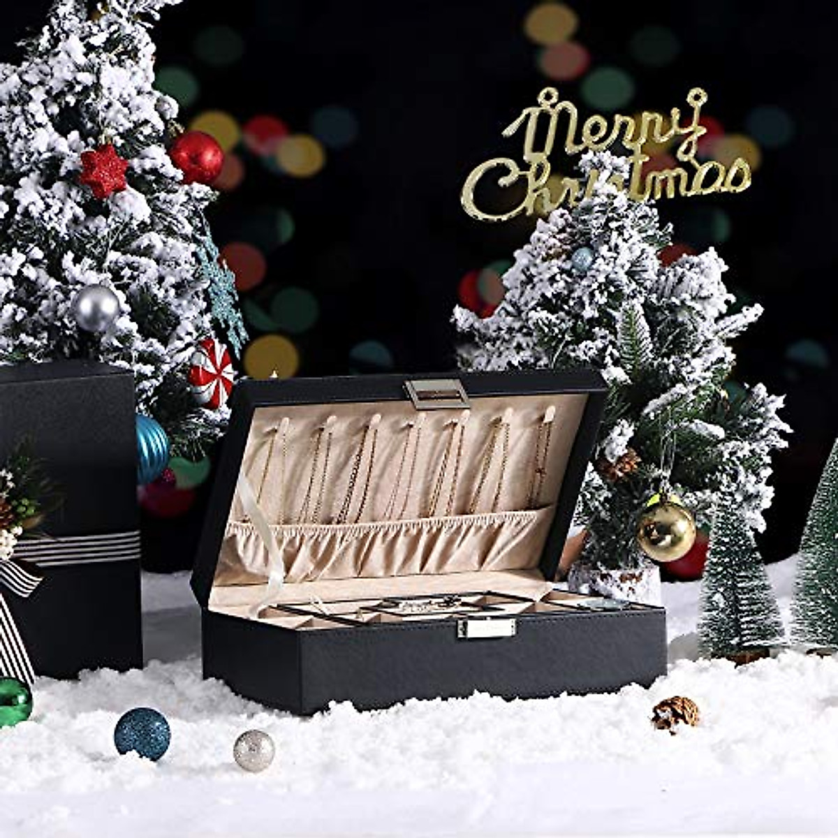 BEWISHOME Mens Jewelry Box, Jewelry Organizer with 4 Watch Case Removable Tray, Jewelry Storage Case for Necklace, Earring Ring Bracelet, PU Leather, Velvet Lining Black SSH07B