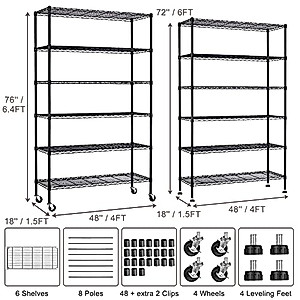 XXkseh 6000Lbs Capacity Storage Shelves Heavy Duty Shelving Unit 6 Tier Metal Shelving NSF Certified with Wheels and Adjustable Feets Commercial Grade Utility Shelf, 48"x 18"x 76" Wire Rack, Black