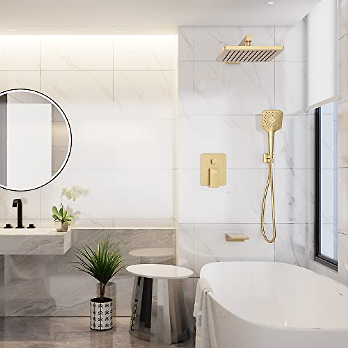 Gabrylly Shower System with Tub Spout, Wall Mounted Shower Faucet Set for Bathroom with High Pressure 10" Rain Shower head and 3-Setting Handheld Shower Head Set,Brushed Gold