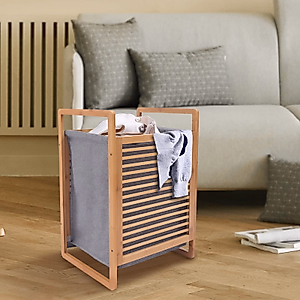 Bamboo Wood Laundry Basket, Freestanding Portable Bathroom Laundry Hamper with Lid and Handles Dirty Clothes Hamper Removable Storage Bag for Bedroom, Bathroom, Closet, Dorm