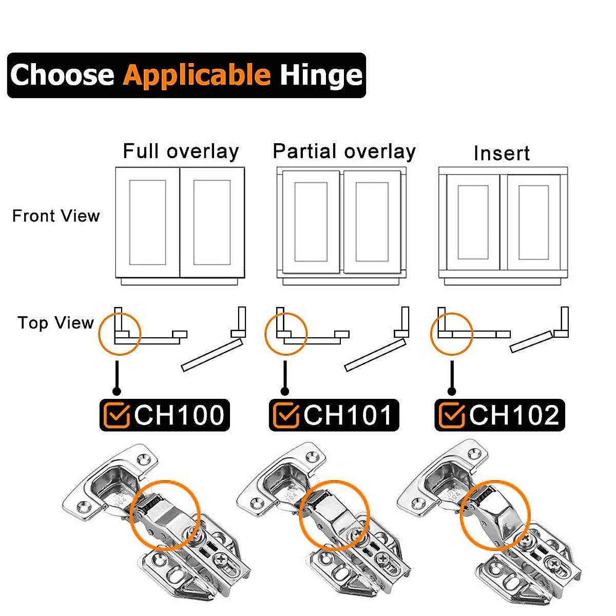 JQK Cabinet Hinges, 100 Degree Soft Closing Full Overlay Door Hinge for Frameless Cabinets, Stainless Steel Nickel Plated Finish, 4 Pack, CH100-P4