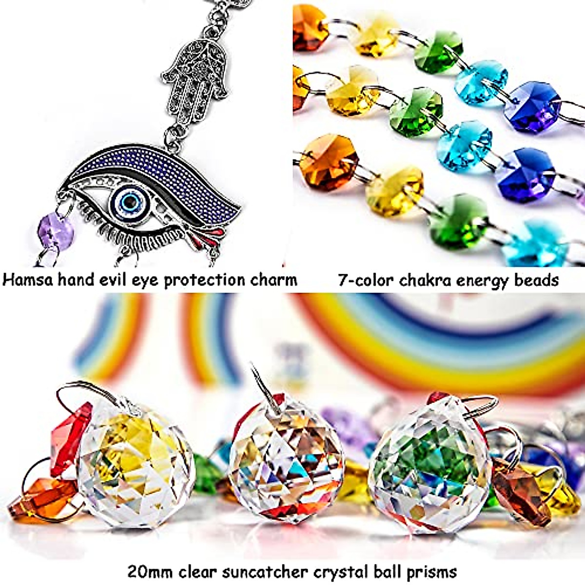 Hanging Crystals Suncatcher Ornament with Hamsa Hand Evil Eye Charm Pendant Stained Glass Beads for Window Garden Decoration