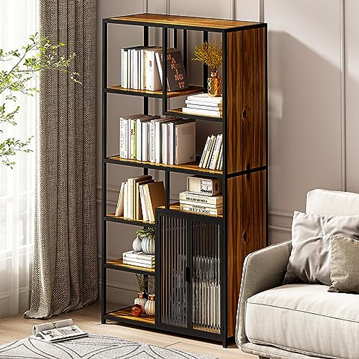 Industrial Bookshelf 69 Inch Tall Etagere Bookcase, Display Shelf with Open Storage Shelves and Right Side Cabinet, Modern Bookcases with Metal Frame for Home Office Living Room and Bedroom, Right