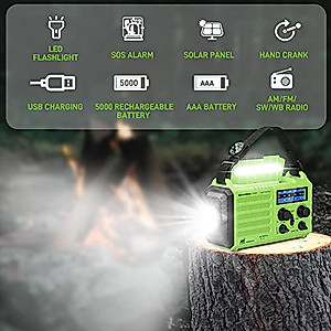 Emergency Weather Radio with NOAA/AM/FM, Solar Hand Crank Radio with 5000mAh Rechargeable Battery, Survival Portable Radio with LED Flashlight,Battery Operated, SOS Alarm for Home or Emergency(Green)