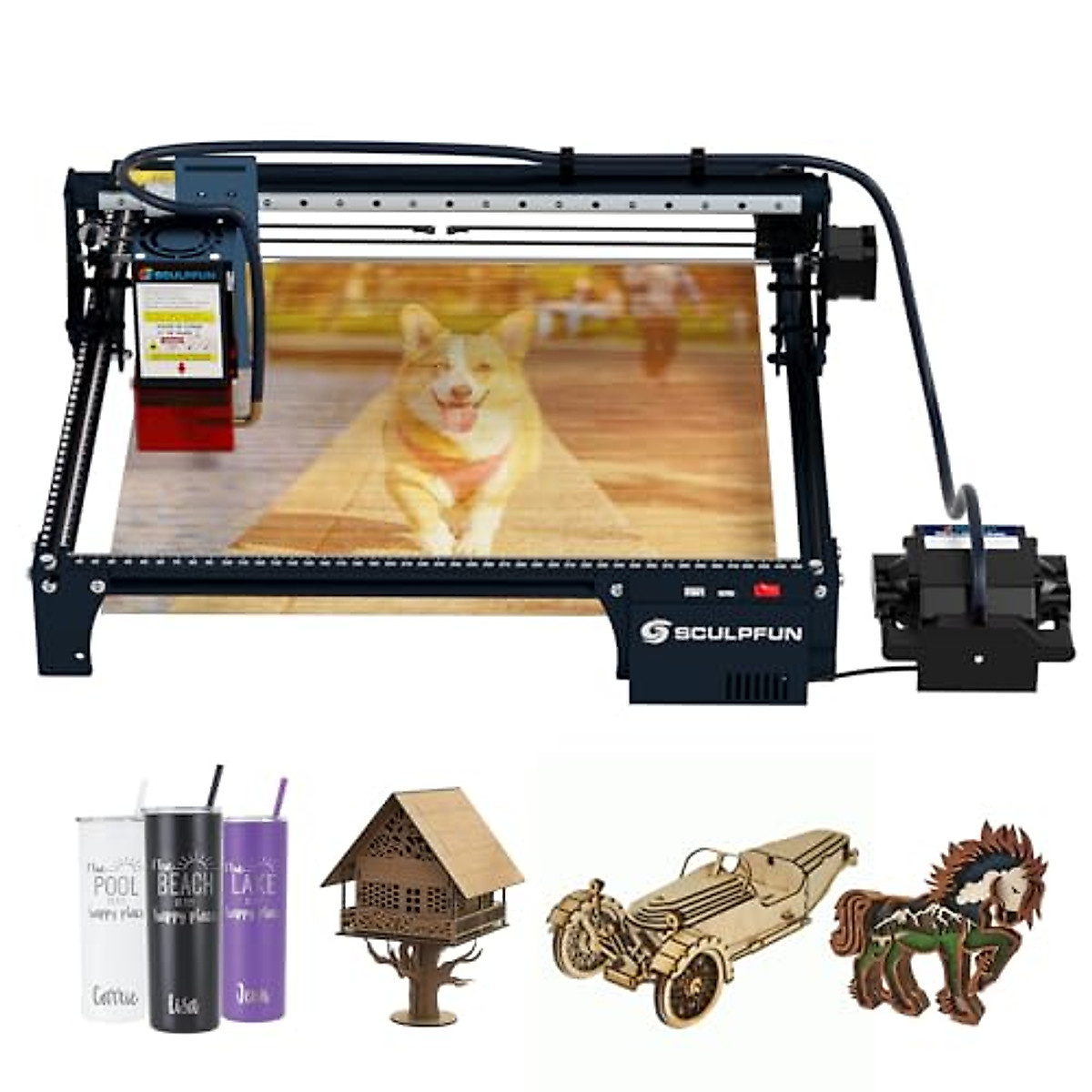 SCULPFUN S30 Pro Max Laser Engraver, 20W Cutter,Automatic Air Assistant 30L/min,Industrial Rail, Limit Switch, Colored Metal Engraving, Adjustable Eye Cover Blue