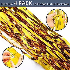 4 Pack 3.2ft x 8.2ft Gold Foil Fringe Curtain Backdrop Metallic Tinsel Foil Fringe Curtains Photo Booth Backdrop for Birthday Party Decorations Christmas Baby Shower Party Decorations (Gold)