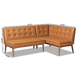 Baxton Studio Arvid Mid-Century Modern Tan Faux Leather Upholstered and Walnut Brown Finished Wood 2-Piece Dining Corner Sofa Bench