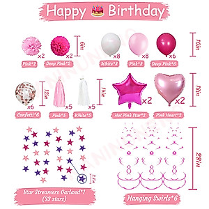 NANINUNENO Sweet Pink Birthday Decorations for Girls Teens Women, Pink and White Happy Birthday Balloons for Women，Birthday Party Decorations for Daughter Her Kids Including Pink Happy Birthday