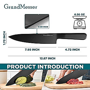 GrandMesser Cooking Chef Knife, 8 Inches Carbon Stainless Steel Kitchen Knife with Sharpener and Ergonomic Handle, Chopping Knife for Professional Use (Titanium Black)