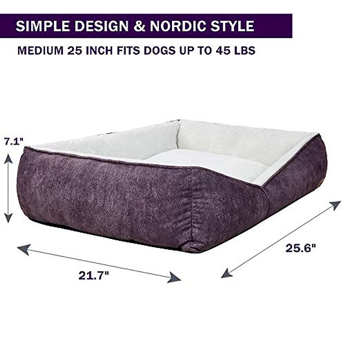 Coohom Rectangle Washable Dog Bed,Warming Comfortable Square Pet Bed Simple Design Style,Durable Dog Crate Bed for Medium Large Dogs (25 INCH, Purple)