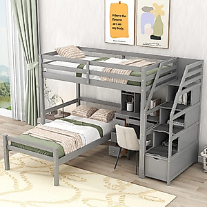 BIADNBZ Twin Over Twin Bunk Bed with Stairs Storage, Desk, Shelves and Drawers, Wood L-Shaped Bunk Bed Convertible into Loft Bed with Staircase and a Platform Bedframe, Gray