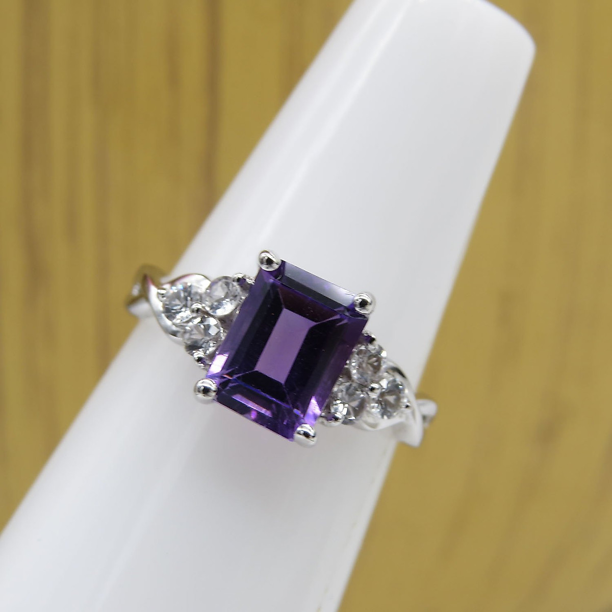 Dazzlingrock Collection 8X6 MM Emerald Cut Amethyst & Round White Sapphire Halo Engagement Ring for Her in 18K Solid White Gold, Size 8.5