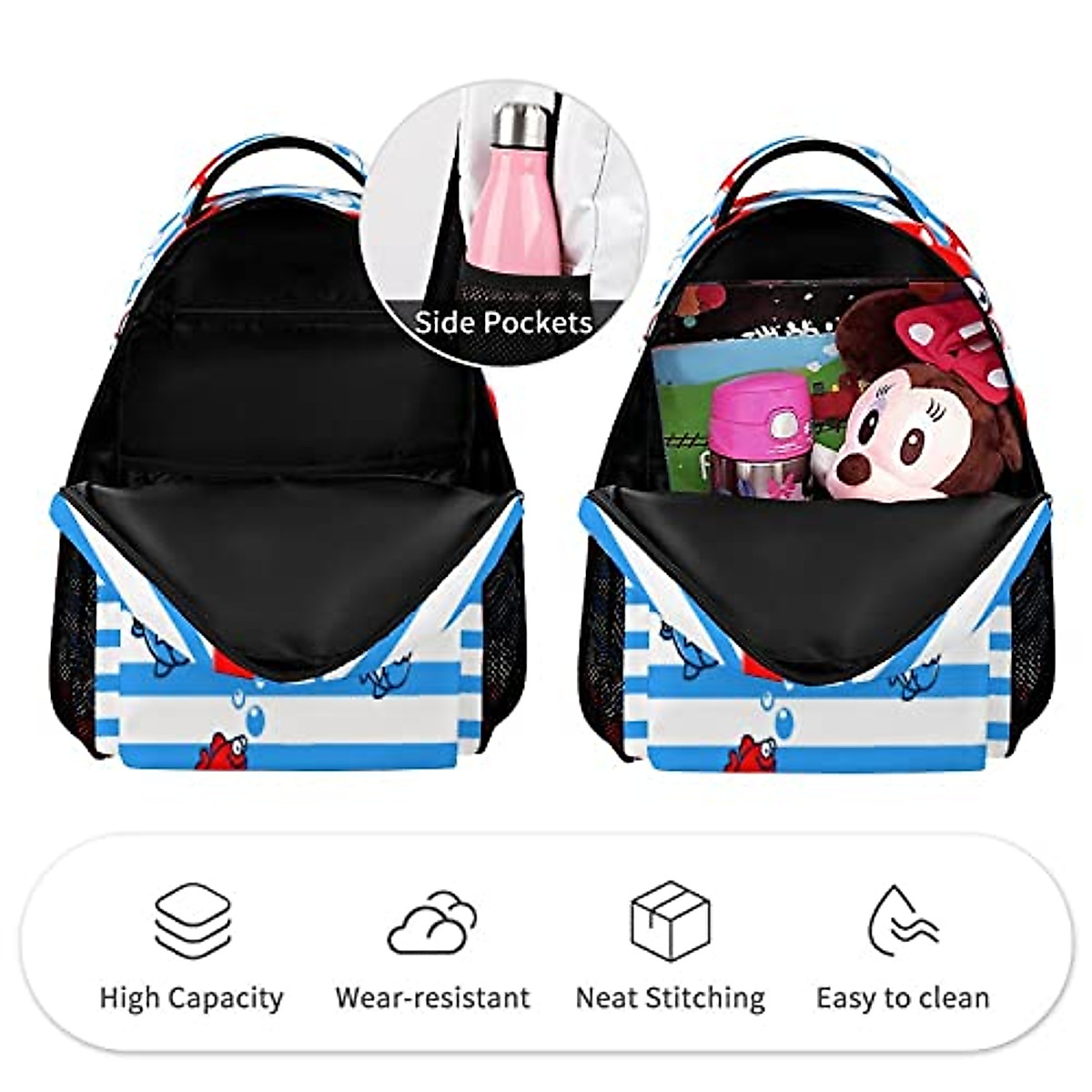 Niapessel Kids Backpack for School, Funny Crab on Blue Stripe Pattern Students Bookbags School Bags Girls Boys