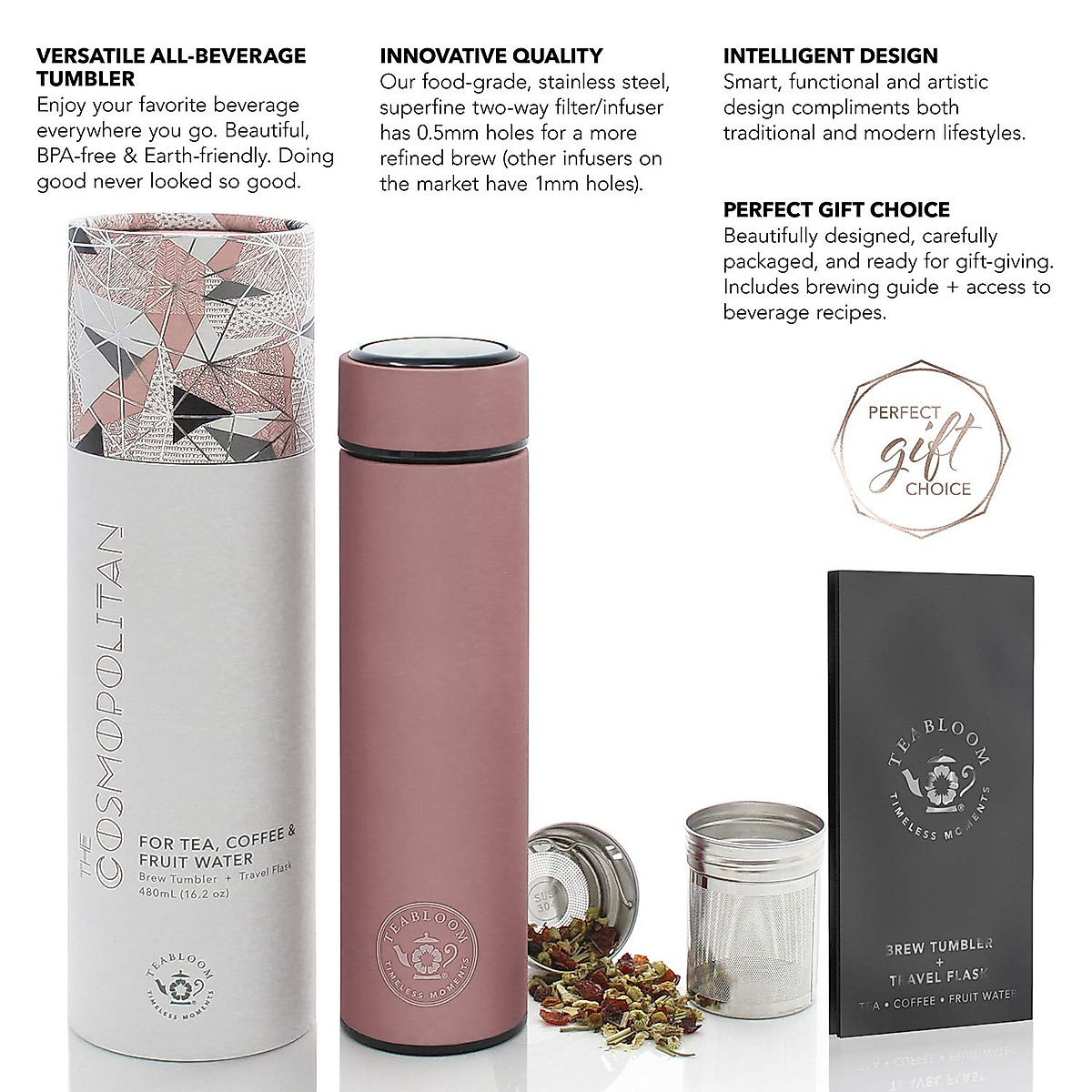Teabloom - The ORIGINAL All-Brew Travel Tumbler & Thermos | OPRAH’s Favorite | 16oz/480ml Insulated Water Bottle/Tea Flask/Cold Brew Coffee Mug