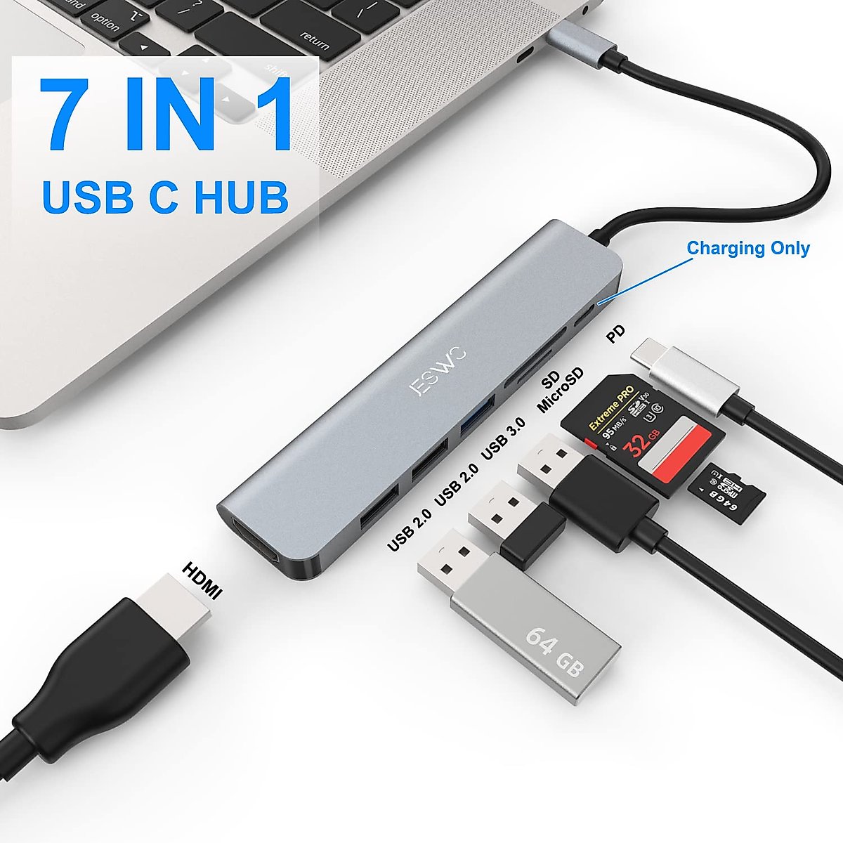 JESWO USB C Hub/Adapter, 7 in 1 with 4K HDMI Output, USB 3.0, 2 USB-A, SD/TF Card Reader, 100W PD, USB C Dongle for MacBook Pro/Air, Dell XPS More Type C Devices