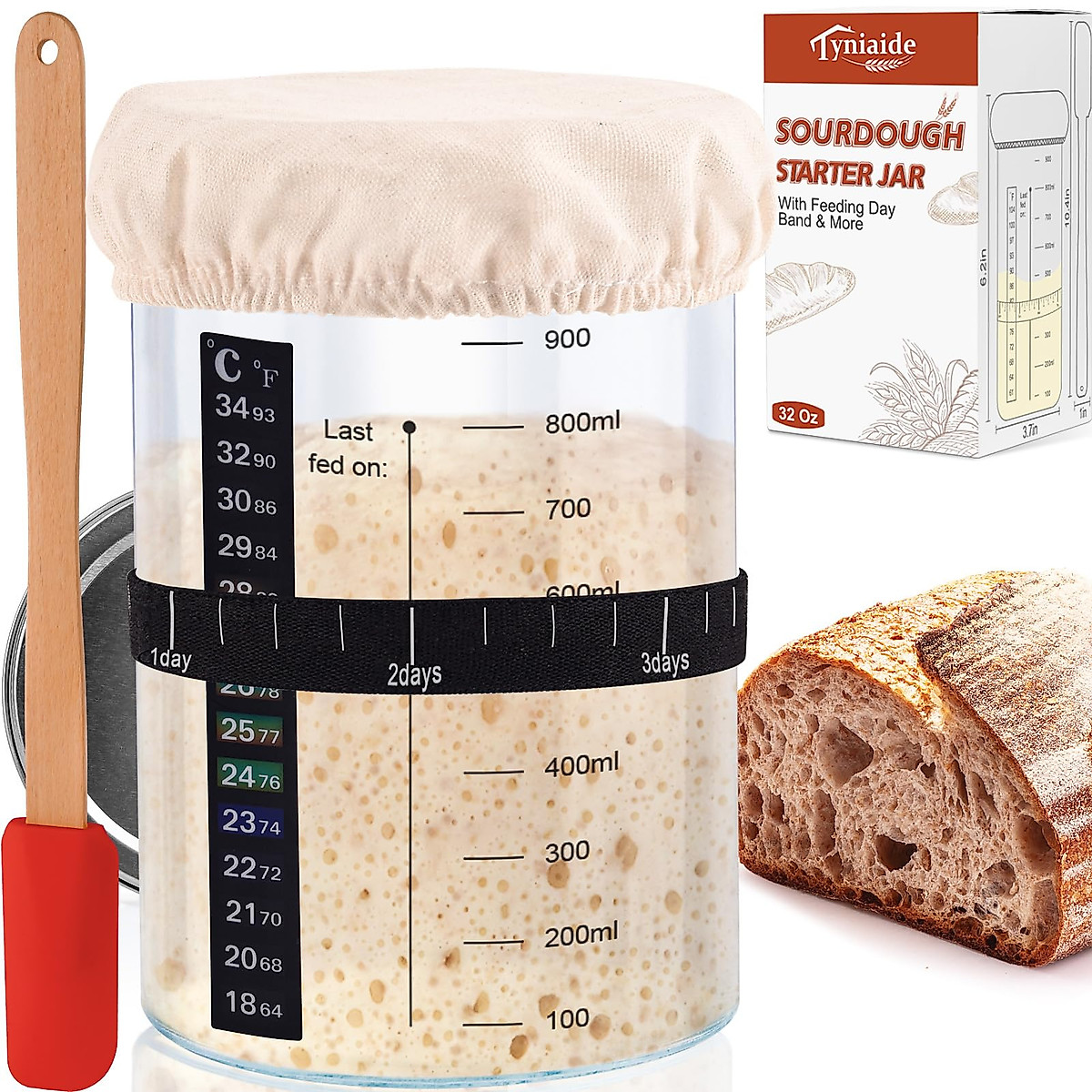 Tyniaide Sourdough Starter Kit, 32OZ Sourdough Starter Jar with Date Marked Feeding Band, Thermometer, Cloth Cover & Metal Lid, Reusable Sourdough Bread Baking Supplies, Home Baking Supplies