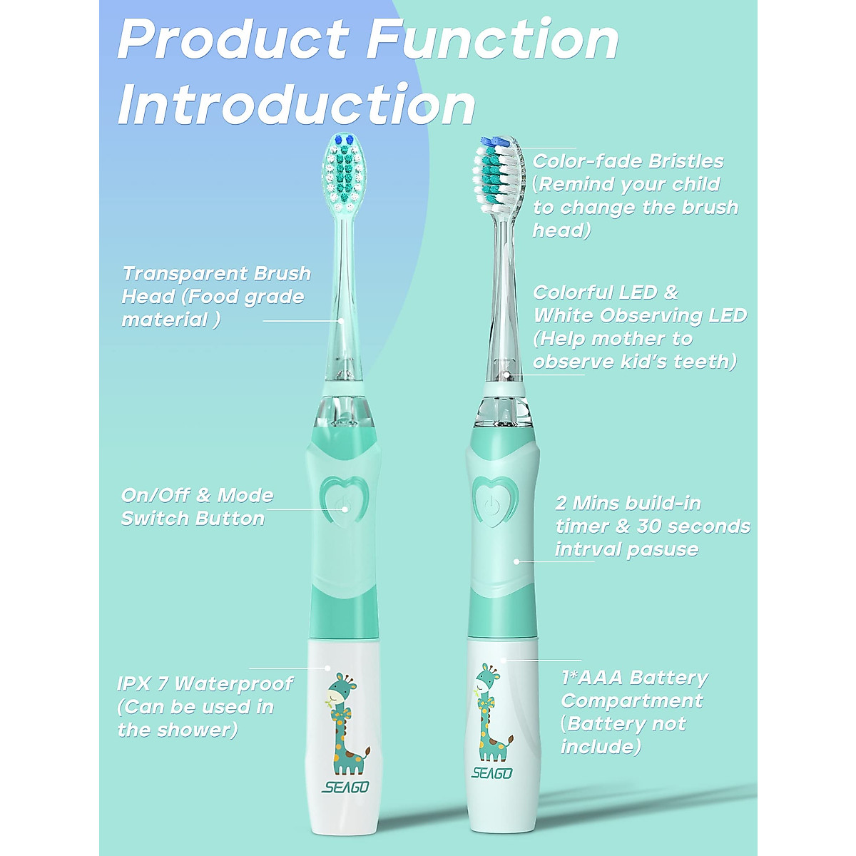 SEAGO Kids Electric Toothbrush with 2 Mins Brushing Timer and 4 Replacement Bursh Heads, Rainbow LED Light Make Brushing Fun, Green Color Boys Battery Powerd Toothbrush for 4-12 Years Old，SG-977
