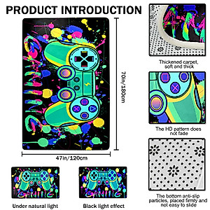 SEBKQ Blacklight Gaming Area Rug, UV Reactive 3D Game Controller Rug, Large Non-Slip Carpet for Boy and Girl Game Room Decor, 70in×47in×0.39in