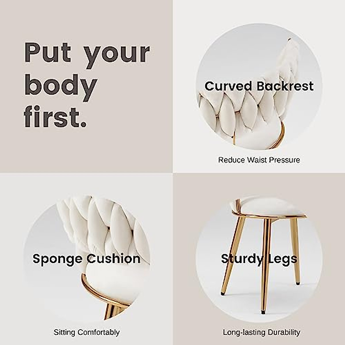 RHYNZEE Accent Velvet Dining Chair with Gold Metal Legs, Woven Modern Living Room Chairs Upholstered Side Chair for Bedroom Kitchen Vanity Guest Reception Room (Beige)