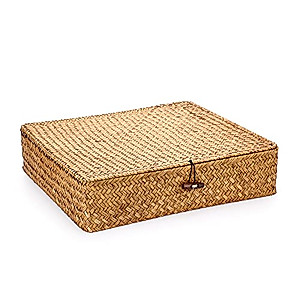 Hipiwe Flat Woven Wicker Basket Bins with Lid X-Large Natural Seagrass Storage Basket Box Multipurpose Household Basket Bins Boxes for Shelf Wardrobe Organizer, Caramel
