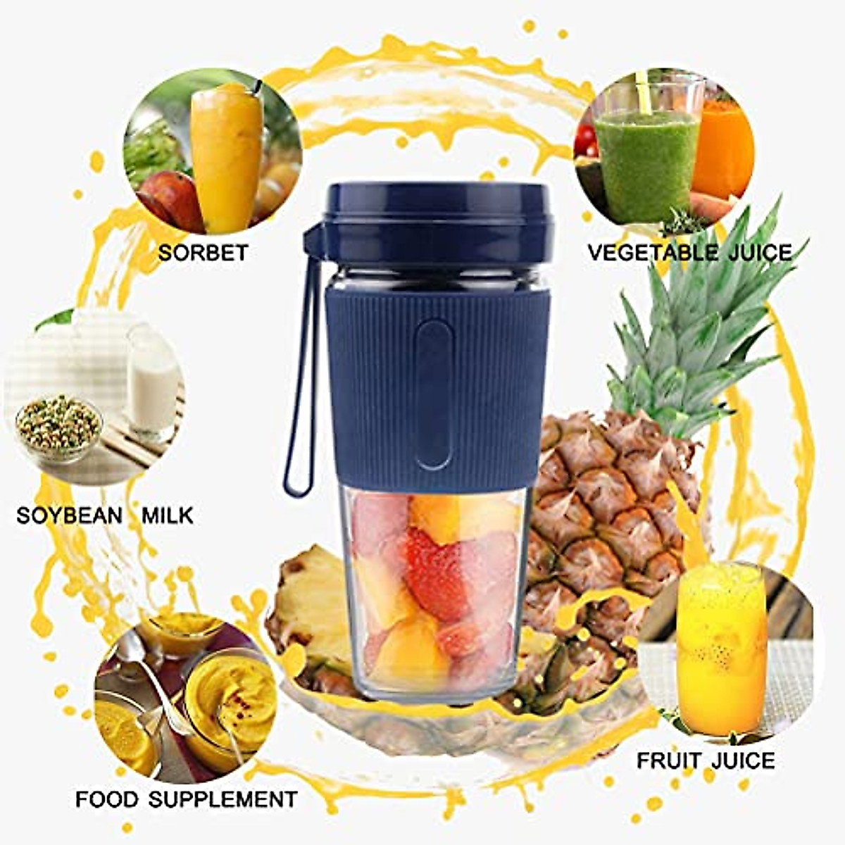 Ecoledix, Portable Blender Personal Size Blender Mixer Fruit Juicer Mini Blender Onehanded Drinking with Rechargeable USB for Sorbet Smoothie Fruit Juice Milk Shakes OutsideInside 280ML (Navy)…