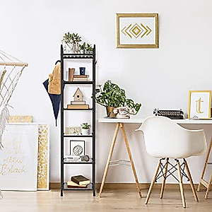 6 Tier Narrow Metal Bathroom Towel Storage Shelving Unit with 10Pcs S Hooks, Freestanding Corner Rack Shelves for Small Spaces, Practical Shelf Bookshelf for Bedroom Pantry Laundry Kitchen (Black)…