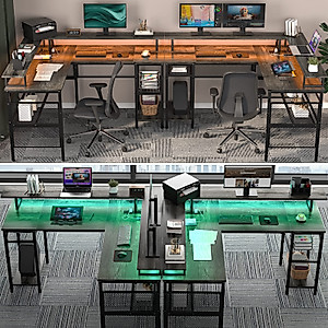 Unikito Cool L Shaped Computer Desk, Reversible Corner Office Desk with Smart Strip Light and Magic Power Outlets, Sturdy Ergonomic Gaming Table with Monitor Stand and Storage Shelf, Grid Design, Gray