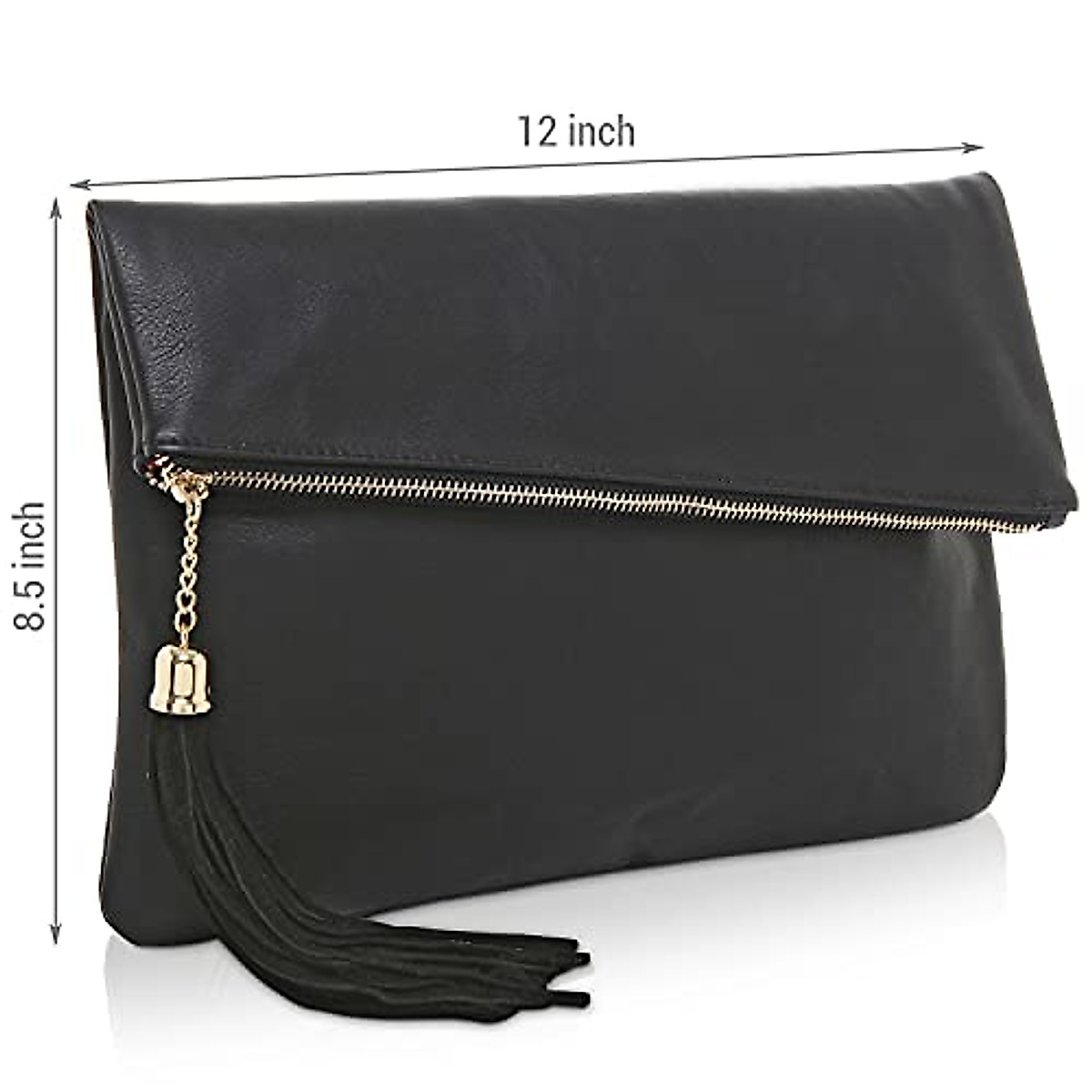 MG Collection Black Clutch Purses for Women Evening or Casual Handbag with Foldover Design, Zipper and Decorative Tassel