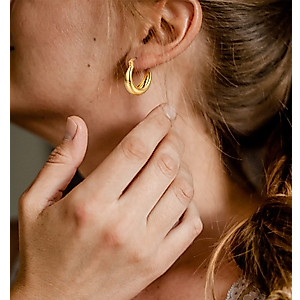 TOBENY Chunky Gold Hoop Earrings for Women 14K Gold Plated Thick Hoop Earrings Chunky Hoops Set Hypoallergenic Cubic Zirconia Small Hoop Earrings Minimalist Jewelry Gift, Copper, Cubic Zirconia