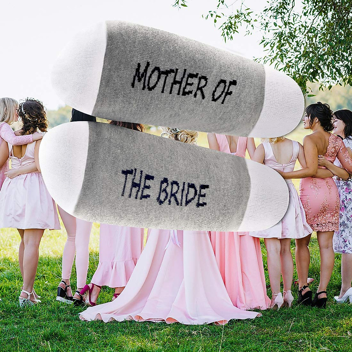 LEVLO Wedding Gift Mother of the Bride Socks Mother of the Groom Gift Bridal Party Socks Mother In Law Gift (2 Pairs/Set-Mid Calf-1-Mother of Bride)