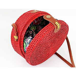 SHAREYOIU Candy Colors Handwoven Round Rattan Shoulders Handbags Natural Chic Hand Tropical Beach Style with Leather Strap (Big，7.87x 3.2 inch, 1#Blue)
