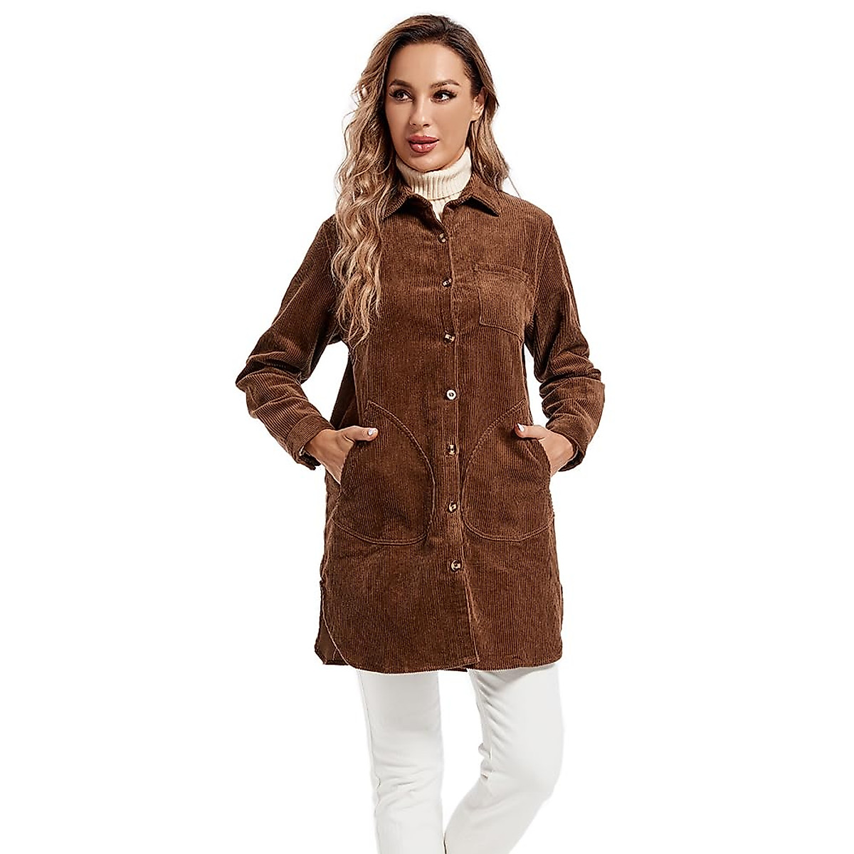 Minibee Women's Corduroy Shirt Coats Long Sleeve Button Down Blouses Tops with Pockets Coffee XL