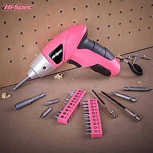 Hi-Spec 27pc 3.6V Pink USB Small Power Electric Screwdriver Set for Women. Cordless & Rechargeable with Driver Bit Set
