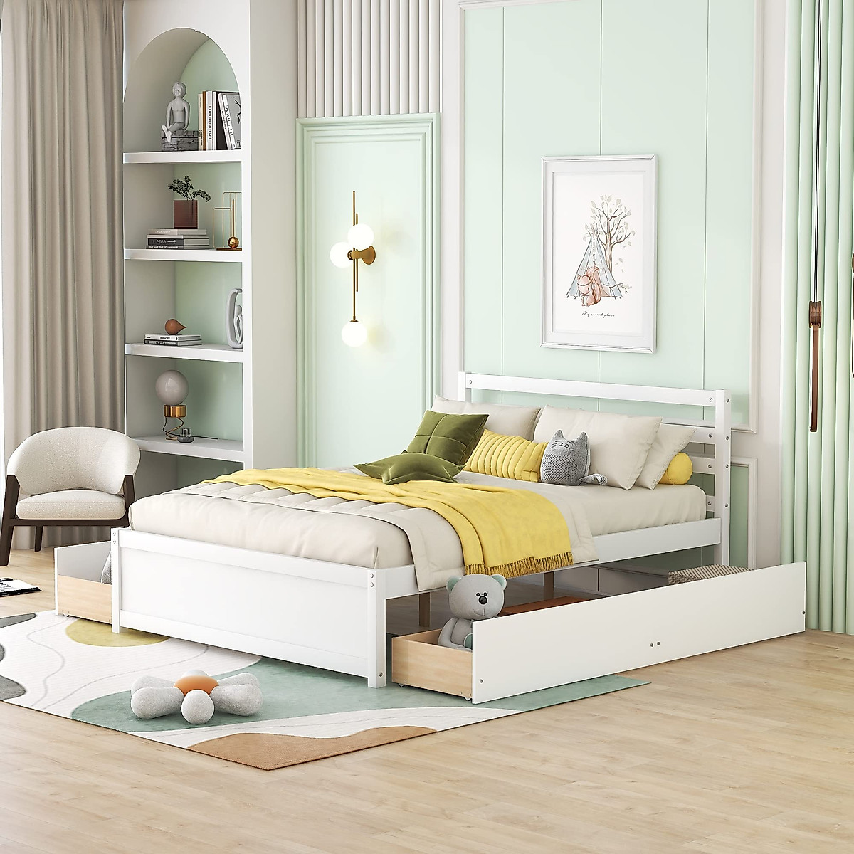 Bellemave Full Bed with 4 Drawers and Headboard Wood Platform Beds with Storage and Slat Support for Kids Boys Girls Teens, White